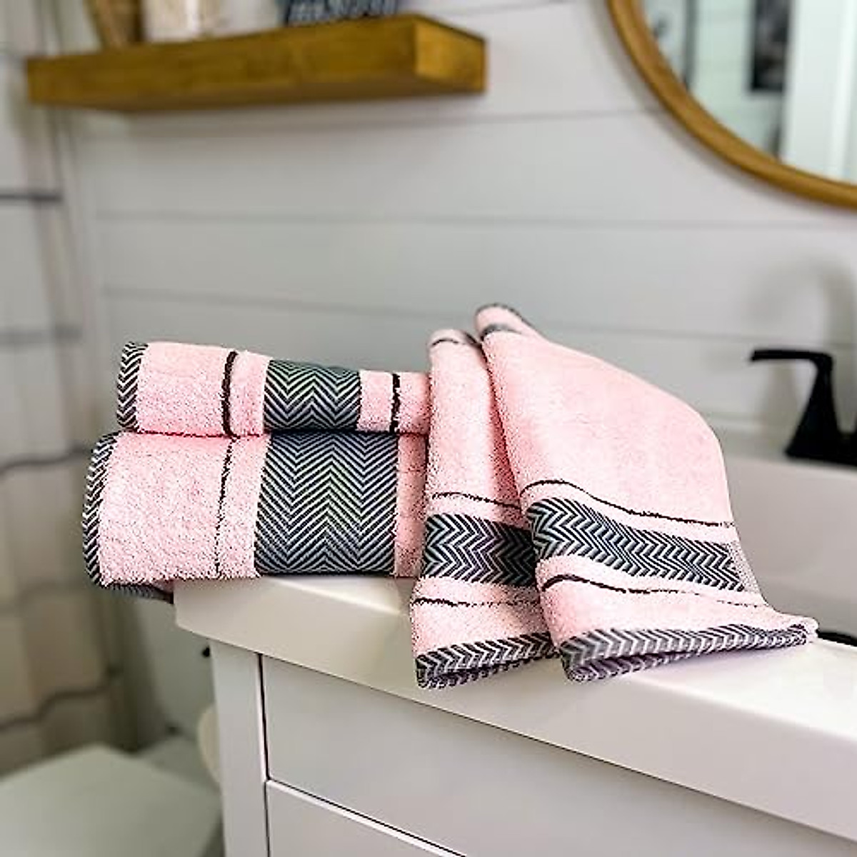 Kafthan Fishbone Soft & Absorbent Turkish Cotton Bathroom Towel Set with Bath Towel, Face/Hand/Hair Towel & Washcloth - Thick, Quick Dry Towels for Shower - Pink, Set of 4