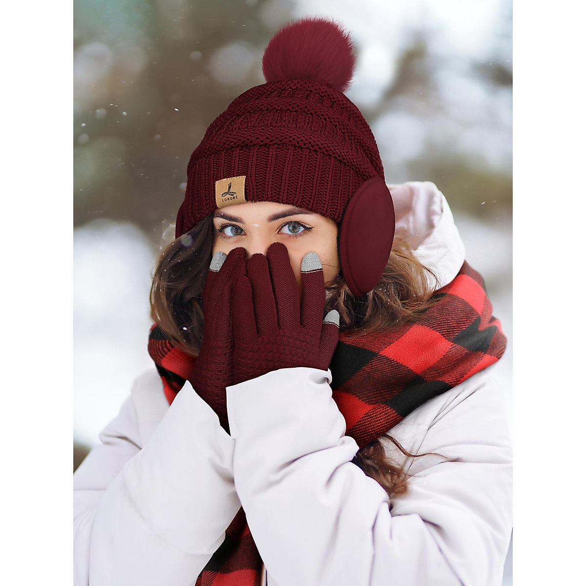 Winter Hat Scarf Gloves and Ear Warmer, Knit Warm Beanie Hat Touch Screen Gloves Long Knitted Plaid Scarf Set Gifts for Women Wine Red