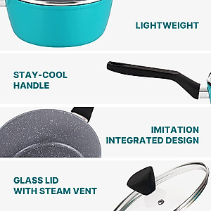 QStar 2.45 qt Granite Aluminum Nonstick Sauce Pan in Blue with Lid and Cool Touch Handle