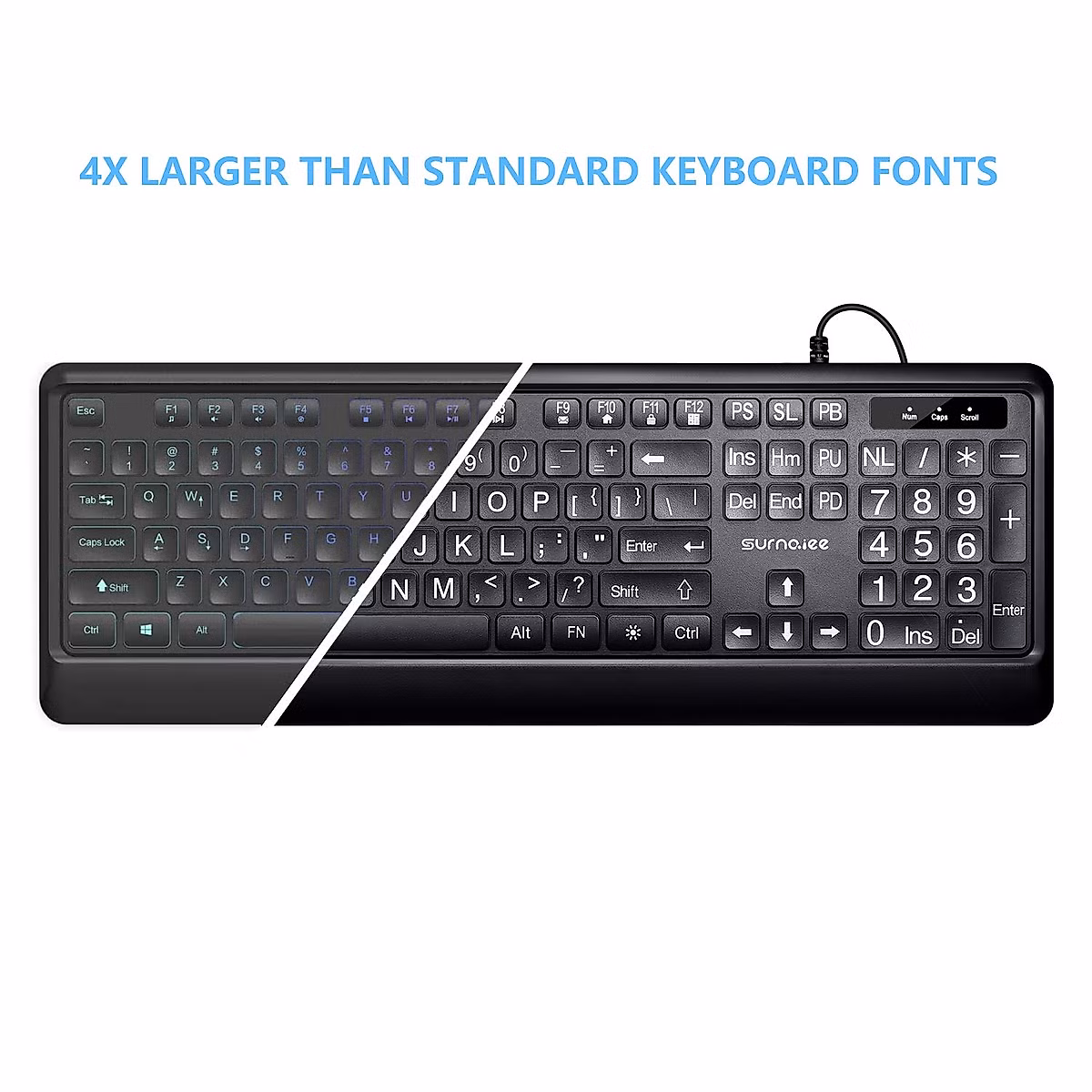 SurnQiee Large Letter Print Keyboard, 104 Keys Standard Full Size USB Wired White LED Backlit Computer Keyboard (KB612)