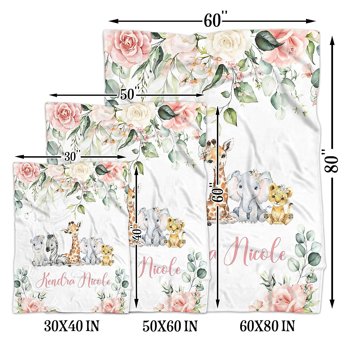 Safari Blanket, Personalized Baby Girl Blanket, Safari Animal Set Baby Girl Blanket for Baby, Elephant Bedding, Decor, Super Soft Plush Blanket for Baby, 30 x 40 in