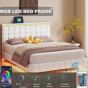 Goujxcy Queen Size Floating Bed Frame with LED Lights and USB Charging, Modern Upholstered Platform LED Bed Frame with Button Tufted Headboard (White 1+PU)