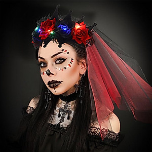 JEAIRTS Led Flower Crown Headband with Veil Day of the Dead Hair Bands Rose Mexican Floral Headpiece Gothic Costume Halloween Hair Accessories for Women and Girls