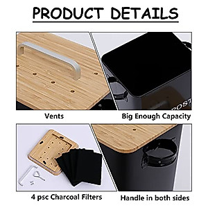 Gdfjiy Indoor Compost Bin, Kitchen Compost Pail Countertop, Metal Compost Bin with Wooden Lid, 6.5L Capacity for Home Compost, Kitchen Waste Bins Garbage Can, Includes 4 Charcoal Filters (Black)