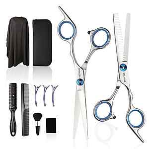 Hair Cutting Scissors Kit,11 Pcs Professional Haircut Scissors Kit with Cutting Scissors,Thinning Scissors,Neck Duster Brush,Comb,Barber Cape,Hair Clips,Hairdressing Shears Set for Barber and Home