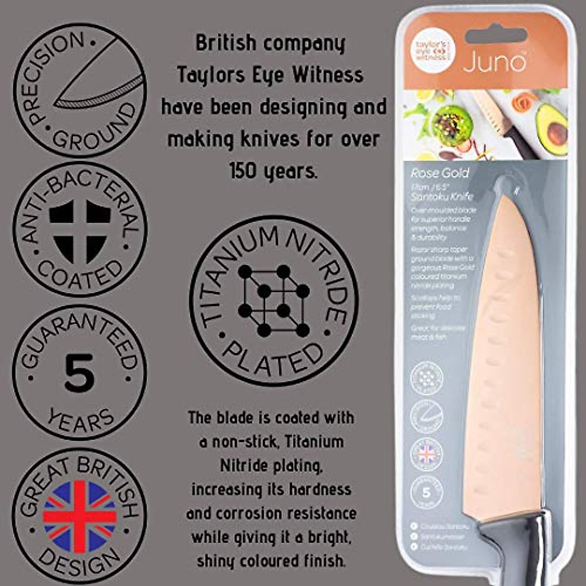 Taylors Eye Witness Juno Rose Gold Santoku Knife - 17cm/6.5 inch Multi-Use Cutting Edge. Precision Taper Ground, Titanium Coated Granton Blade. Strong, Over Moulded Handle. 5 Year Guarantee