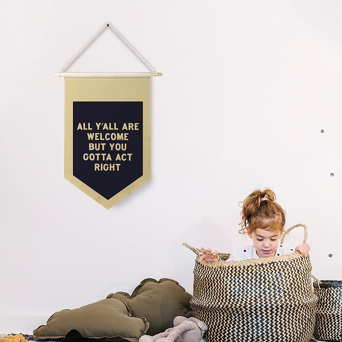 Qpenm Welcome Banner, All are Welcome Hanging Wall Canvas Banner, All Y'all Are Welcome But You Gotta Act Right Funny Hanging Pennant Flag for Classroom Home Entryway Living Room Office Decor