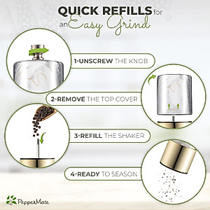 Peppermate Salt and Pepper Grinder - Easily Refillable Stainless Steel Pepper Mill Grinder with Real Marble Finish Top, Ceramic Blades, Adjustable Coarseness (White)