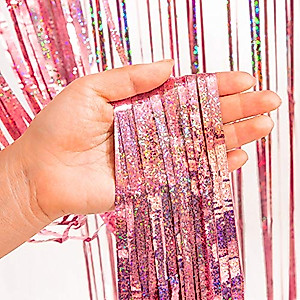 BRAVESHINE Rose Gold Glitter Tinsel Foil Fringe Curtains - 2Pcs 3.2x8.2ft Metallic Holiday Photo Booth Backdrop Party Supplies for Birthday Valentines Day Wedding Bridal Shower Bachelorette Engagement