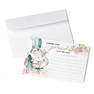 25 Pink Elephant Jungle Baby Shower Invitations and Envelopes (Large Size 5X7 INCHES), 25 Diaper Raffle Tickets, 25 Baby Shower Book Request Cards, Floral Elephant Animal Invites for Girl Baby Showers