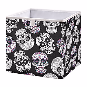 Sugar Skulls Flowers Basket Cube Storage Bins Fabric Storage Baskets Collapsible Decorative Storage Box with Handles Organizer Bag for Shelf Closet Toy Gift 15 x 11 x 7
