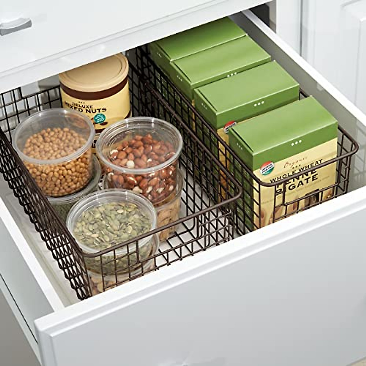 mDesign Slim Metal Wire Food Storage Organizer Basket with Handles - Organization in Kitchen Cabinets, Pantry Shelf, Bathroom, Laundry Room, Closets, Garage, Concerto Collection, 2 Pack, Bronze