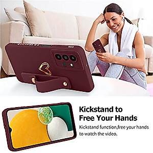 Fiyart Designed for Samsung Galaxy A13 4g 5g Case with Phone Stand Holder Cute Love Hearts Protective Camera Protection Cover with Wrist Strap for Women Girls for Galaxy A13 4G/5G-Wine Red