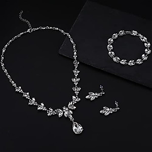 FIBO STEEL Wedding Jewelry for Bride Bridesmaid Crystal Rhinestone Teardrop Earrings Necklace Bracelets Jewelry Set for Women Party Wedding Prom Jewelry Adjustable B