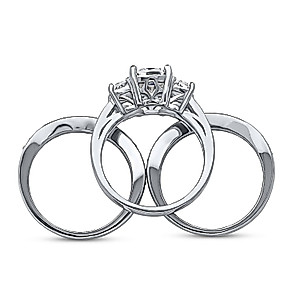 BERRICLE Sterling Silver 3-Stone Wedding Engagement Rings Cushion Cut Cubic Zirconia CZ Ring Set for Women, Rhodium Plated Size 7