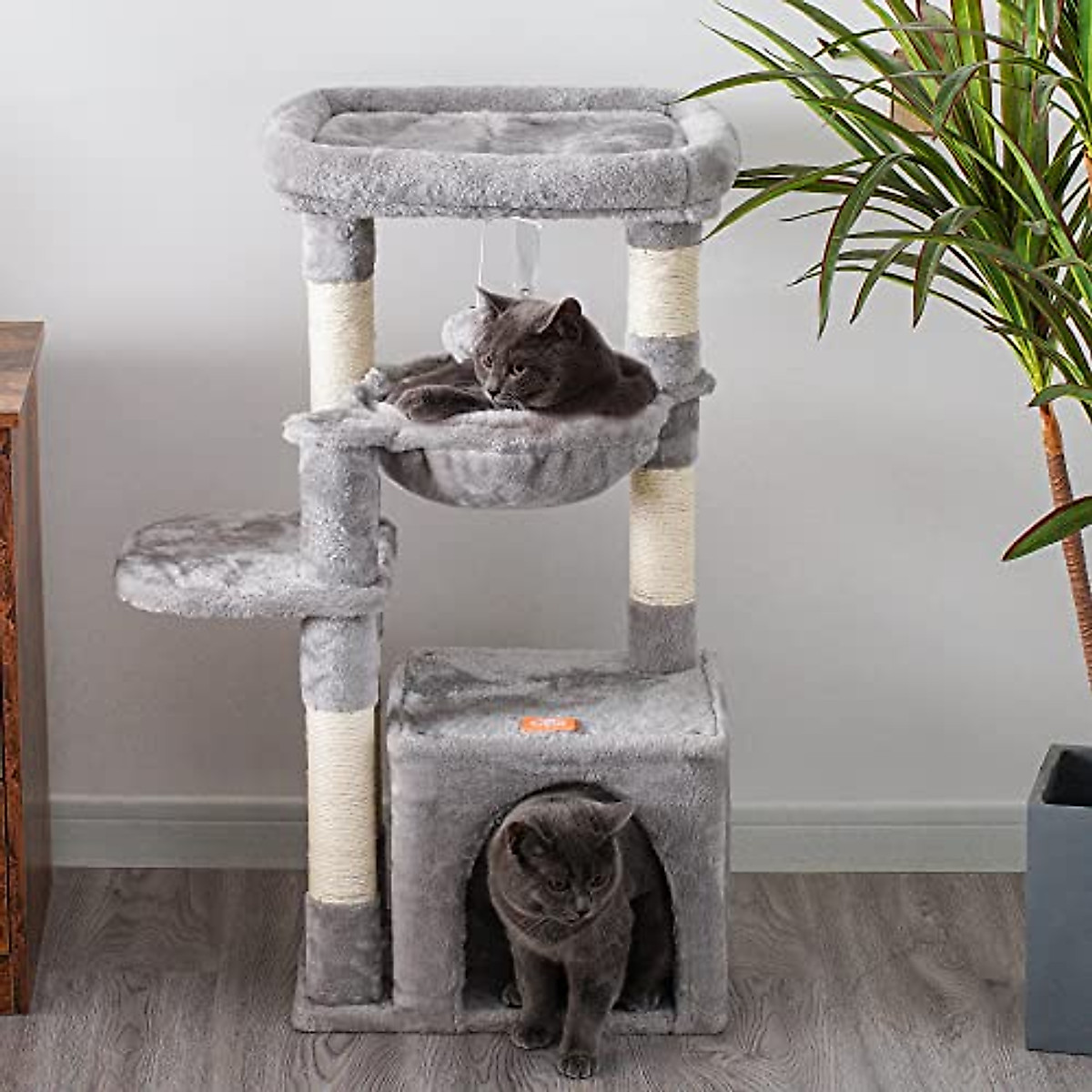 Heybly Cat Tree for Indoor Cats, Cat Tower condo for Kitten, Cat House with Padded Plush Perch, Cozy Hammock and Sisal Scratching Posts, Light Gray HCT003SW