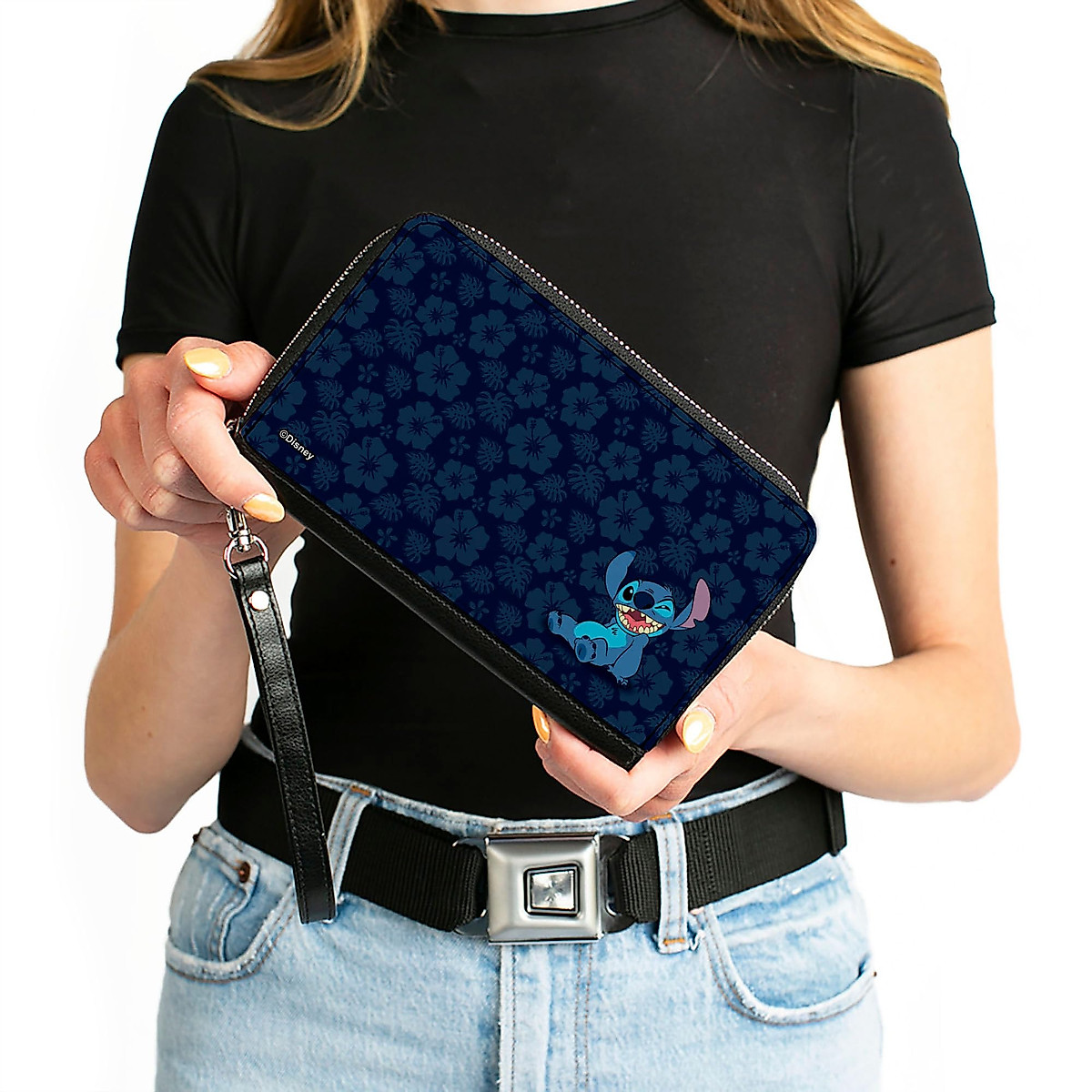 Disney Wallet, Zip Around, Lilo and Stitch Stitch Winking Pose Tropical Flora Black Blue, Vegan Leather