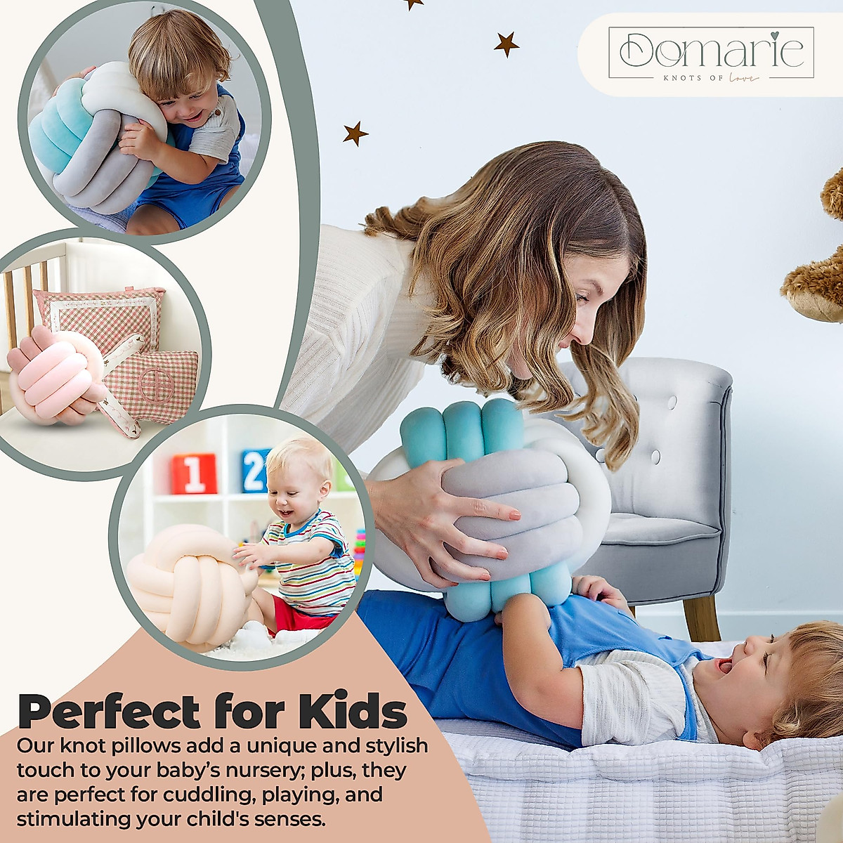 DOMARIE Large Pink Knot Pillow Ball | 10" Cozy & Plush Knot Throw Pillow | Sensory Knotted Pillow for Stress Relief | Knot Ball Pillow for Kids & Adults | Plush Velvet Knot Pillows (Neapolitan)