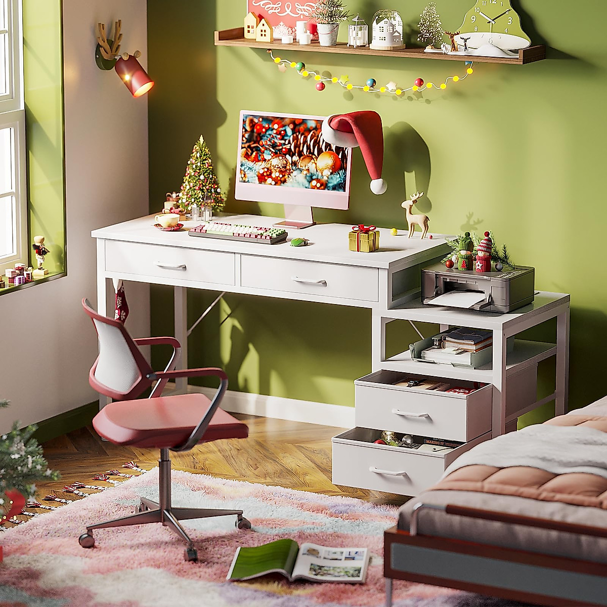 AODK Computer Desk with 4 Drawers and USB Power Outlets, Reversible Home Office Desk with Printer Stand, Small Desk with Storage Shelf, Study Writing Work Table for Bedroom, Vanity Desk, White, 53"