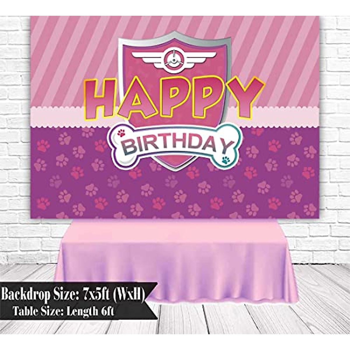 7x5ft Pink Skye Dog Patrol Birthday Backdrop Paw Print Happy Birthday Banner Decorations Background for Girls Puppy Dog Birthday Party Supplies