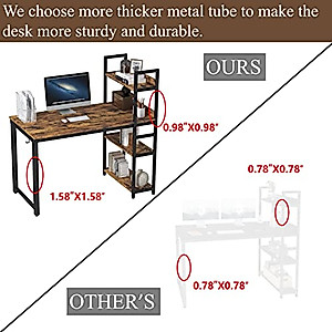 Napnapday 55 inch Computer Desk with Storage Shelves, Home Office Study Writing Table with Bookshelf, Rustic Brown