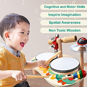Kids Drum Set for Toddlers: Montessori Musical Instruments Set Toddler Toys - 7 in 1 Wooden Musical Kit Baby Sensory Educational Toys Christmas Birthday Gifts for Boys & Girls Age 2 3