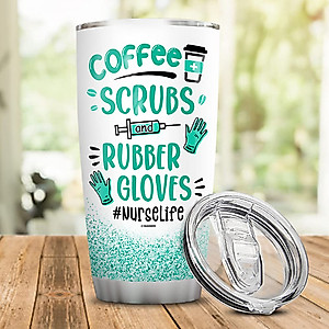 Wassmin Personalized Coffee Scrubs Rubber Gloves Nurse Life Stethoscope Tumbler Cup With Lid Vacuum Insulated Travel Mug 20oz 30oz Birthday Christmas Week Appreciation Gift Nurses Nursing (Green 2)