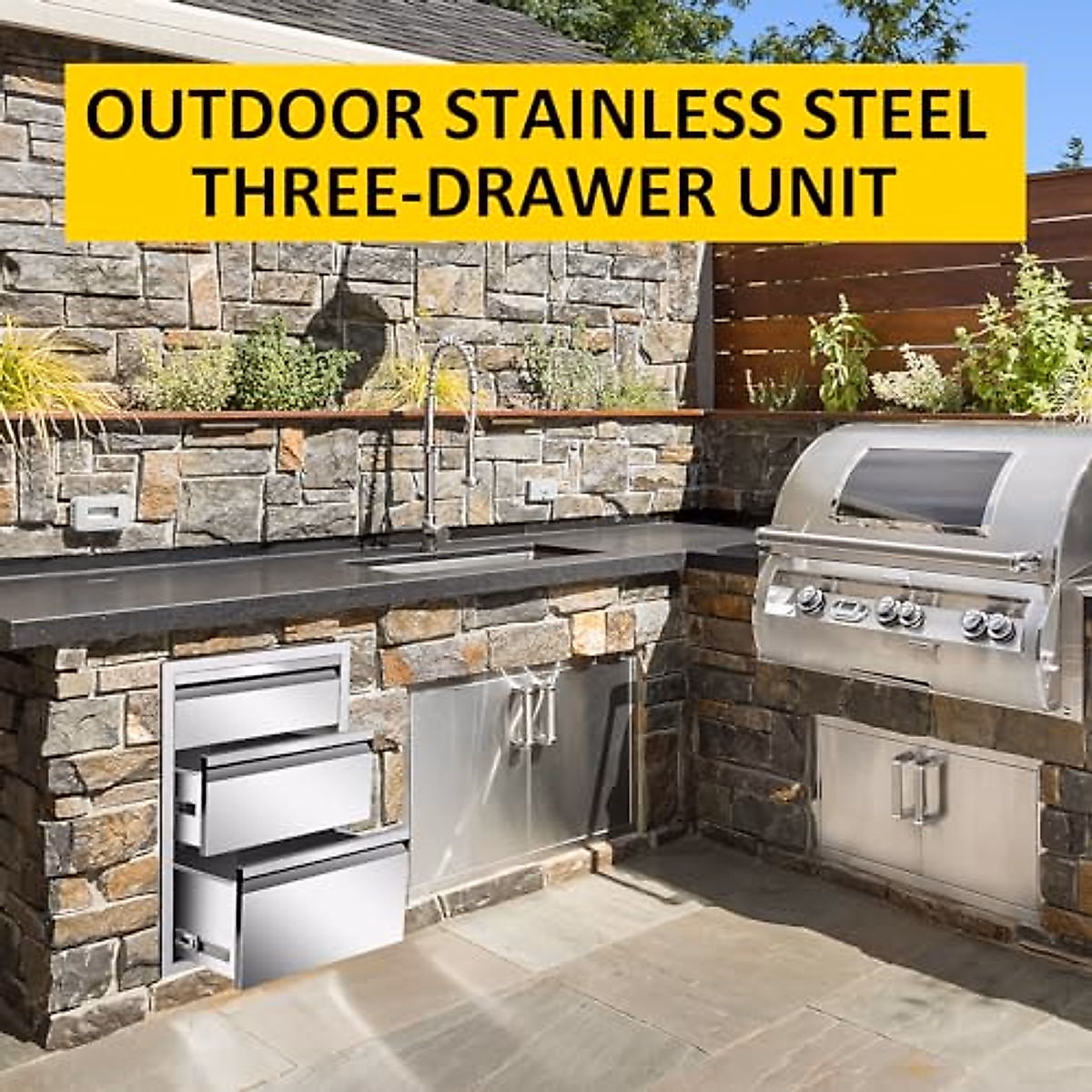 SGOLAN Outdoor Kitchen Drawers 18" W x 23" H x 23" D Flush Mount Triple BBQ Drawers with Hidden Handle Stainless Steel Drawer for Outdoor Kitchen Island, Patio Grill Station