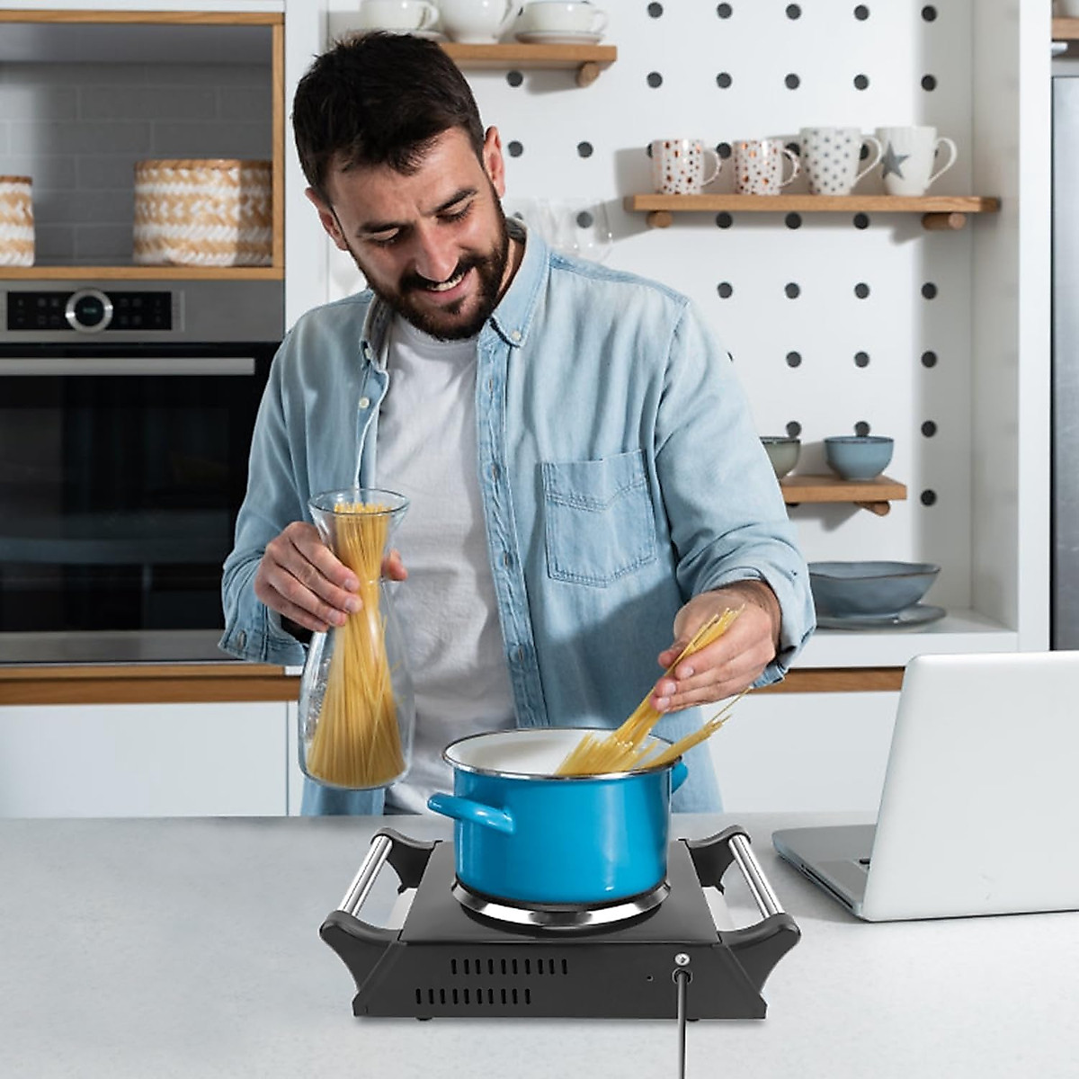 Moclever Hot Plate Portable Electric Stove Countertop Single Burner with 5 Temperature Adjustments & Stay Cool Handles, 1000W Electric Cooktop for RV/Home/Camp, Compatible for All Cookwares