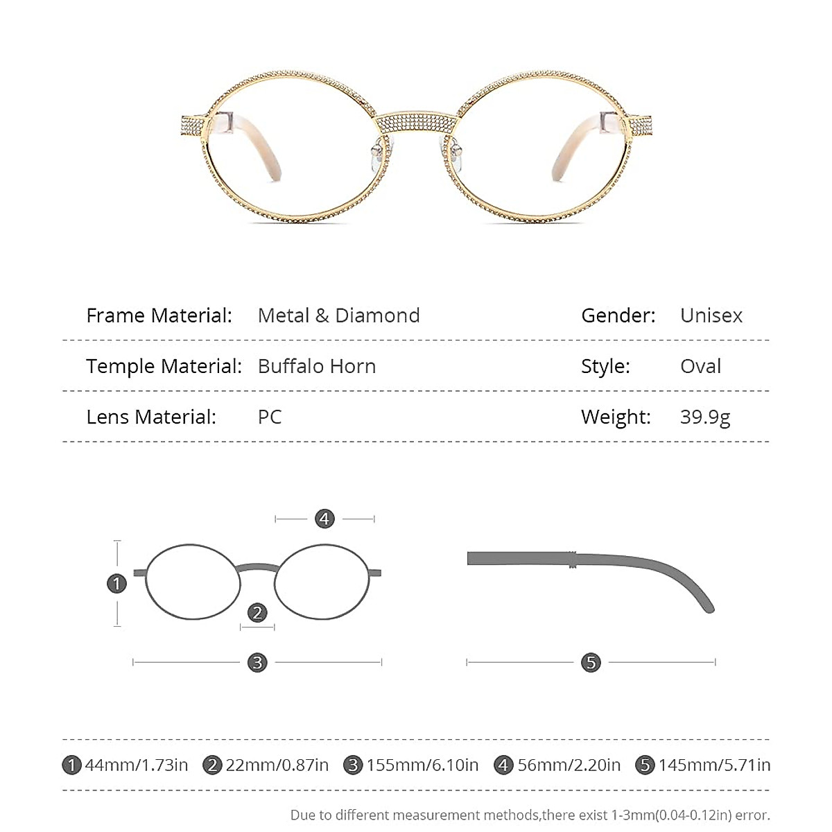 HEPIDEM 100% Really Buffalo Horn Handmade Glasses Frames Luxury 720pcs Diamonds Eyeglasses 7550179 (White)