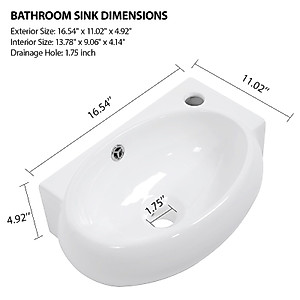 Funmier Wall Mount Vessel Sink Right Hand - 16 x 11 Inch Oval Bowl Rectangular Wall Hung Bathroom Sink Basin White Ceramic Porcelain Modern Floating Vessel Sink