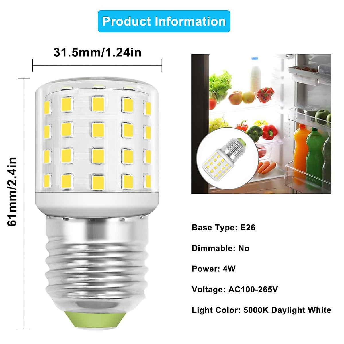 LED Appliance Light Bulb for Refrigerator Fridge Freezer 4W (40W Equivalent) E26 Medium Base Compact T10 Tubular A15 AC100-265V Floor Lighting Decorative Corn Lamp Daylight White 5000K, Pack of 3