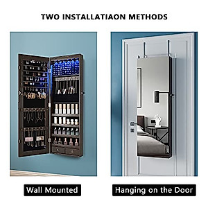 HNEBC Jewelry Organizer with 6 LED Lights, Jewelry Armoire with Mirror, Full Length Mirror Jewelry Cabinet with Jewelry Storage, Wall Mounted/Door Mounted (brown)