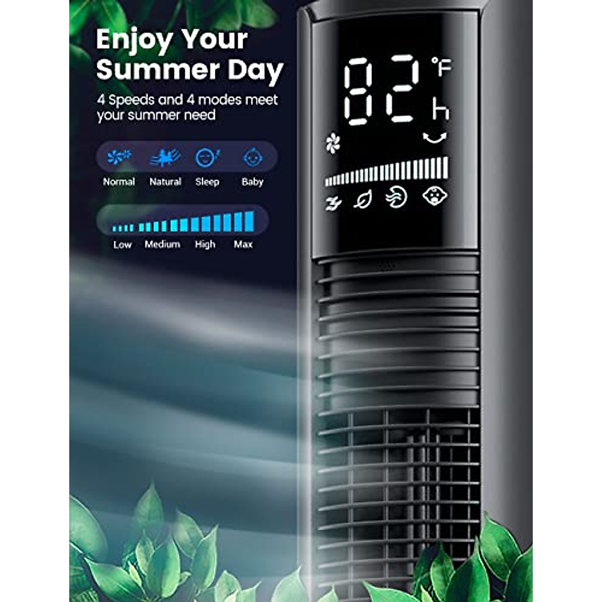 Tower Fan, 46" Oscillating Powerful Bladeless Floor Fan with remote, Quiet Cooling Fan with 4 Speeds and Modes, Built-in 12H Timer LED Display, Portable Stand Fan for Home Bedroom and office Use