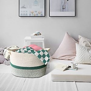 ART pinecone cotton rope basket, Oval woven nursery storage basket, Cute Dog Toy Basket Baby Nursery Hamper Shelf Decorative Bin,15"L x 10"W x 9"H (1-pack, 3 tones Navy blue & white)