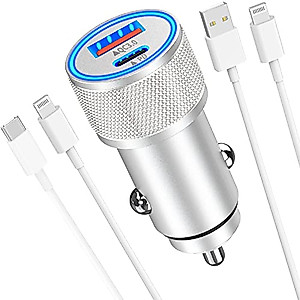 [Apple MFi Certified] iPhone Fast Car Charger, Veetone 48W Dual Port USB C Power Delivery All Metal Car Adapter with 2 Pack Lightning Cable, PD/QC 3.0 Type C Rapid Car Charging for iPhone/iPad/Airpods