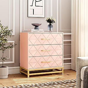 GarveeHome 3 Drawer Dresser, Wood Chest Drawers with Storage for Closet, Bedroom, Drawers Dresser Modern Bedside Nightstand with Gold Handles, Pink