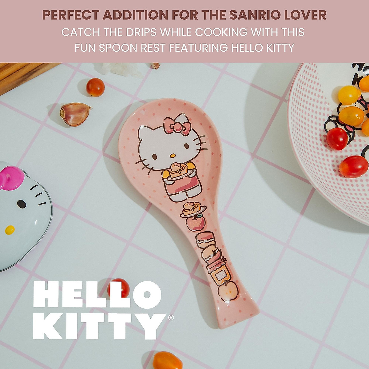 Sanrio Hello Kitty Stacked Snacks Ceramic Spoon Rest Holder | Kitchen Organizer For Utensils To Keep Countertop Clean