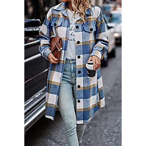 PRETTYGARDEN Women's Plaid Shacket 2025 Long Sleeve Button Up Flannel Shirt Winter Tartan Jacket Woolen Coats (Plaid Blue White,Medium)