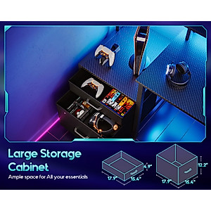 AODK 57 Inch L Shaped Gaming Computer Desk with USB Charging Ports & Power Outlets, Home Office Writing Corner Desk with Drawers and Monitor Stand, Study Table with LED Lighting, Carbon Black