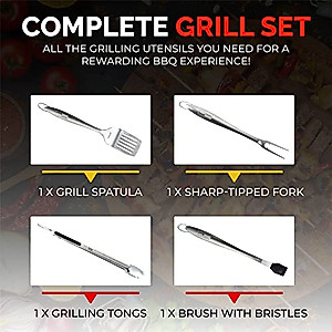Legends Market BBQ Grill Tools Set - 4-Pcs BBQ Accessories with Grill Tongs, Spatula, Forks, Brush - Heavy Duty Stainless Steel Grill Accessories - Men Gifts Outdoor Grill Sets
