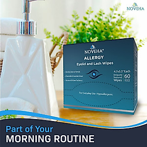 NOVEHA 60Pcs Allergy Relief Eyelid Wipes | Pre-moistened Hypoallergenic Eye Cleansing Pads, Reduce Itchiness, Redness & Discomfort Caused By Allergy, Clean, Soothe & Remove Debris (1 Pack)