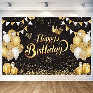 Black and Gold Birthday Backdrop for Men Women Happy Birthday Background Banner Black and Gold Party Decorations Cake Table Decor Banner Photo Booth Props 71×45inch（Black Gold）