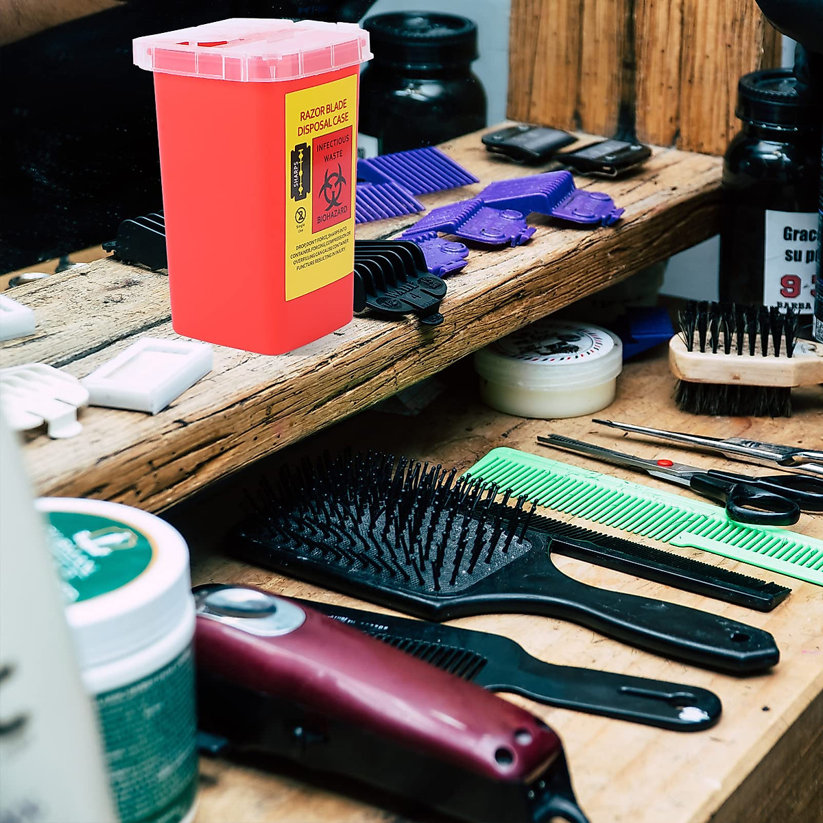 Lurrose Razor Blade Bank Safe Razor Blades Dispenser Case Plastic Blades Box Disposal Collect Box Blades Waste Bucket Blades Holder for Barbershop Salon Use Red