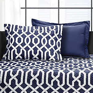 Lush Decor Navy and White Edward Trellis Patterned Daybed Cover Set Includes Bed Skirt, Pillow Shams and Cases, 75" X 39", 6 Piece