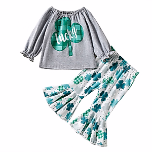 BBand Toddler Baby Girl St Patrick's Day Clothes Little Kids Off Shoulder Shirts Tops Flared Pants Summer Outfits (Clover Green, 18-24 M