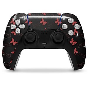 WraptorSkinz Skin Wrap compatible with Sony PS5 DualSense Controller Pastel Butterflies Red on Black (CONTROLLER NOT INCLUDED)
