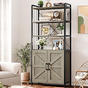 Vabches Modern Industrial Bookshelves and Bookcases with Doors Floor Standing 6 Shelf Display Storage Shelves Wood and Metal Tall Bookcase for Home Office, Living Room, Grey