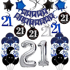 21st Birthday Decorations for Him/Her - Blue Birthday Decorations For Boys Men Party Supplies Including HAPPY BIRTHDAY Banner Balloons for Birthday Party Decor - 21st Bday Decorations for Women Girls