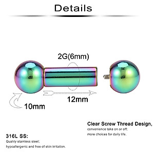 Ftovosyo PA Rings Internally Threaded Straight Barbell Nipple Ring 2G Earrings Gauges Ear Ring Tongue Rings 316L Surgical Steel Body Piercing Jewelry for Women Men 1Pair, Color Rainbow 12mm